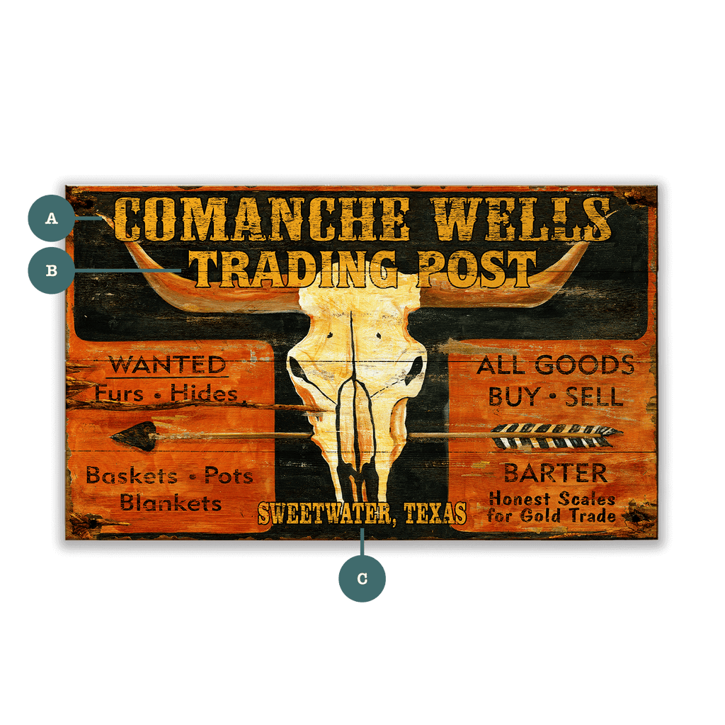 Comanche Wells Trading Post - Wood & Metal Wall Art – Old Wood Signs